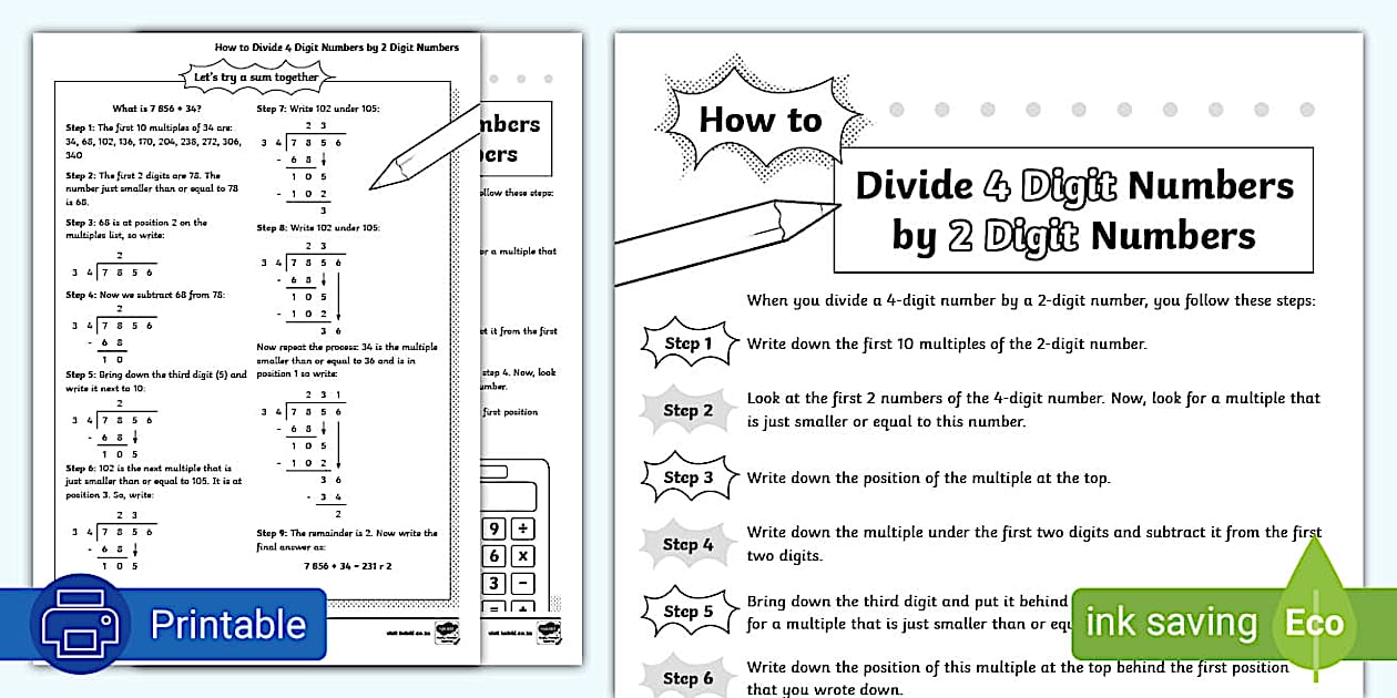 How to Divide 4 Digit Numbers by 2 Digit Numbers Activity Sheet