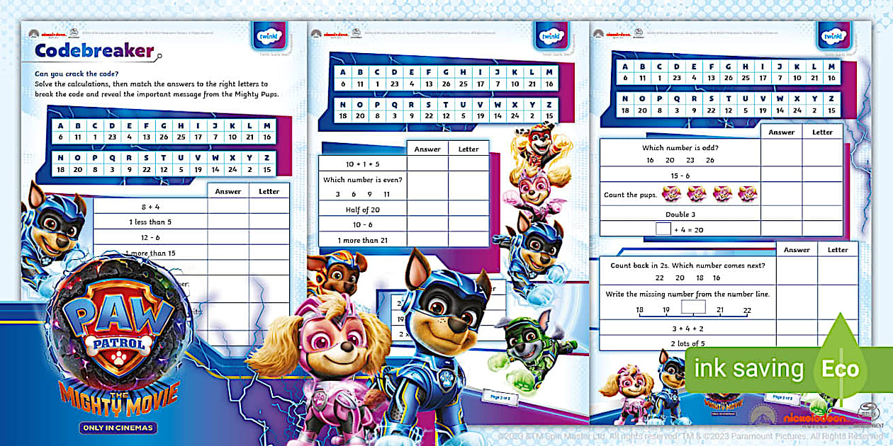 FREE! - 👉 PAW Patrol: The Mighty Movie - Maths Codebreaker Activity