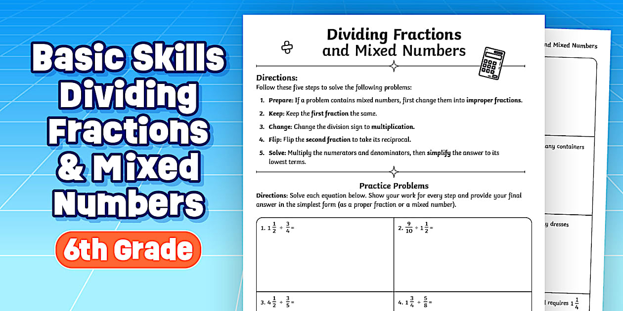 Dividing Fractions and Mixed Numbers Practice Worksheet