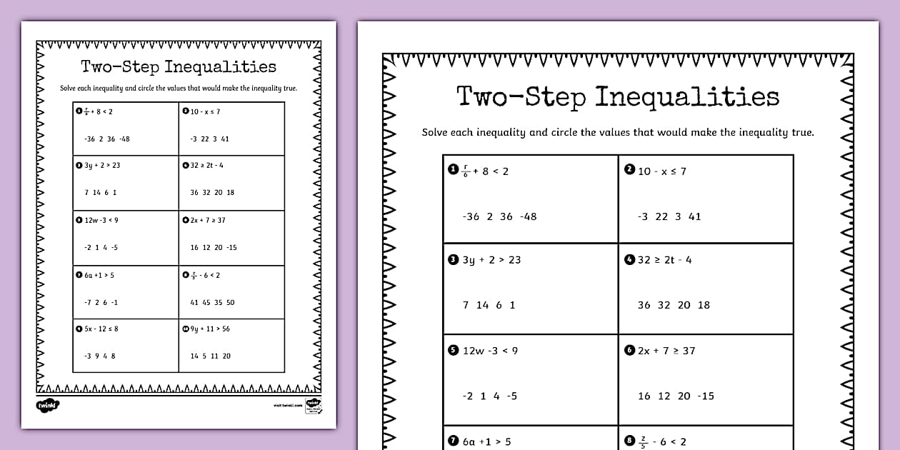 Seventh Grade Two-Step Inequalities Worksheet (Teacher-Made)