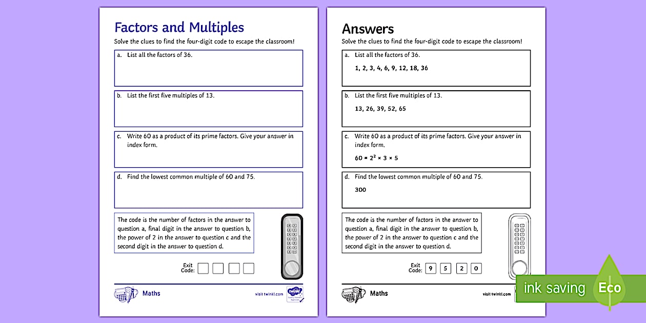 Escape the Room: Factors and Multiples Challenge Card