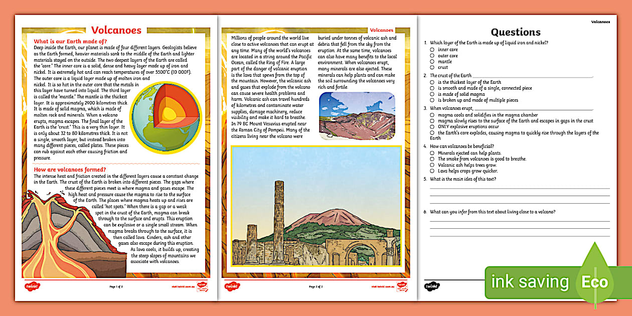 Year Four Volcanoes Reading Comprehension Activity | Twinkl