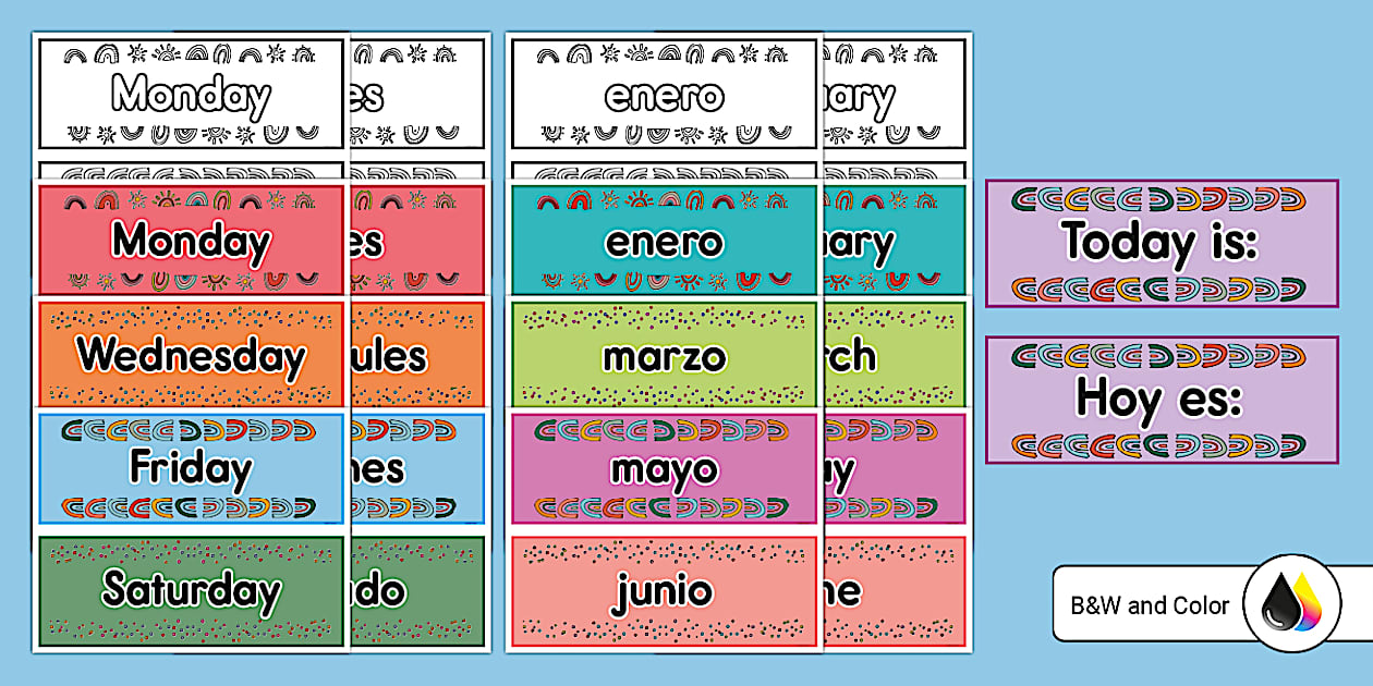 Rainbow Calendar Cards in Spanish and English
