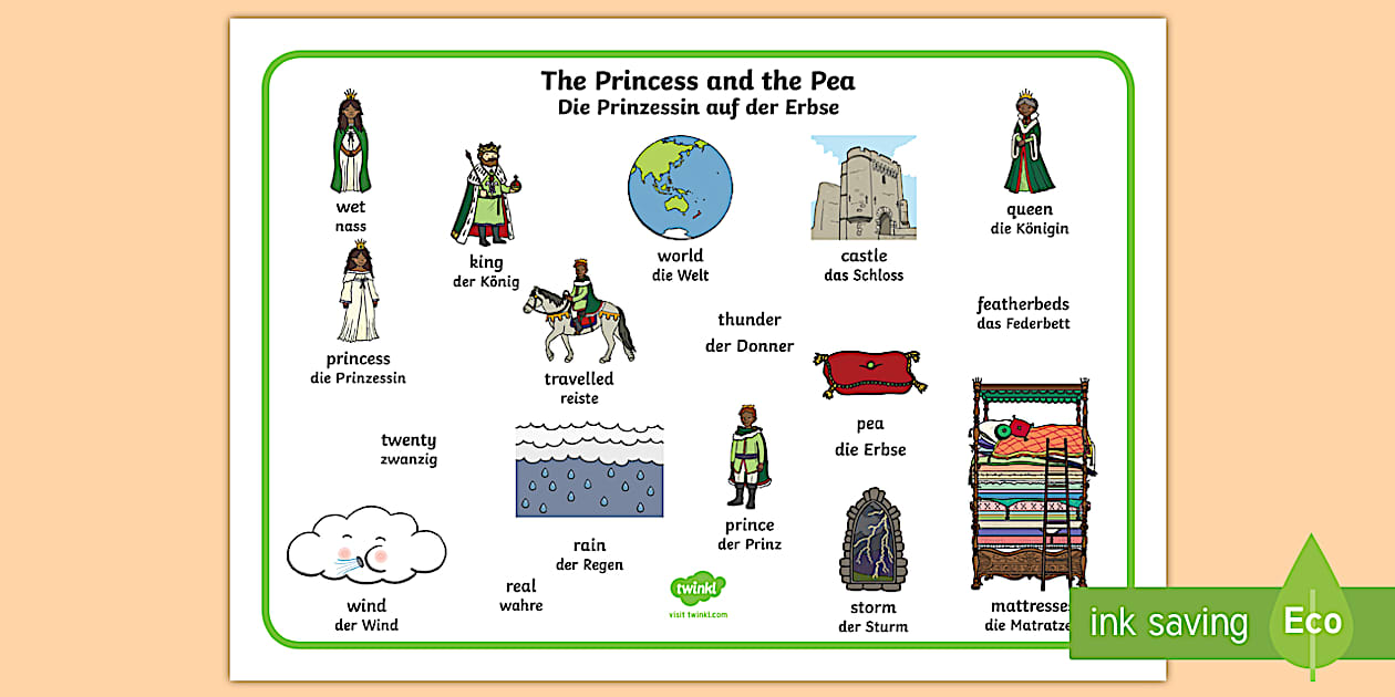 The Princess and the Pea Word Mat English/German - Twinkl