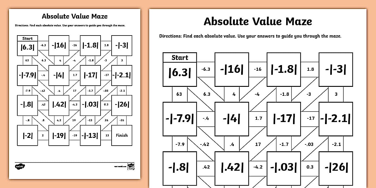Sixth Grade Absolute Value Maze Math Puzzle Worksheet