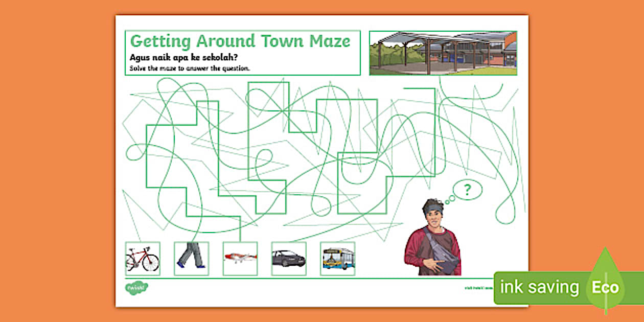 Getting Around Town Maze Indonesian - Twinkl