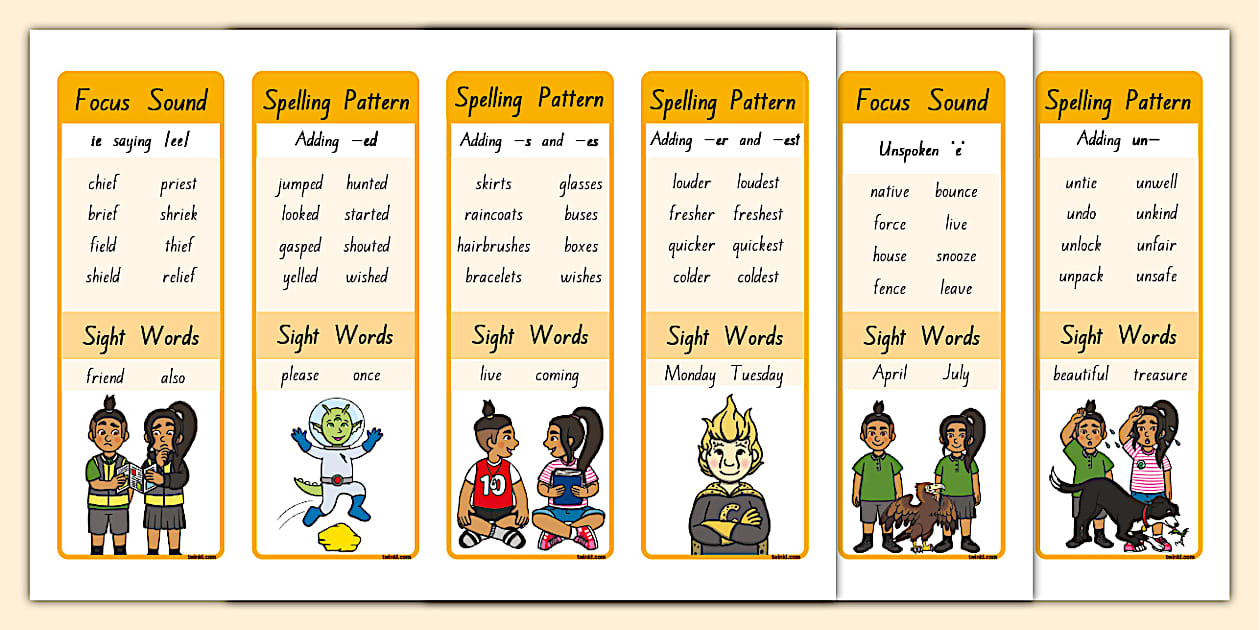 Phonics Level 5 Focus Words Spelling Bookmarks: Weeks 21-30