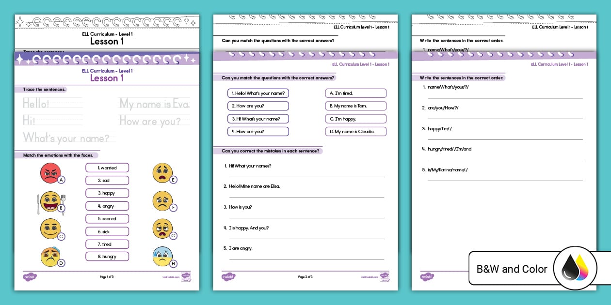 ELL Curriculum: Level 1, Lesson 1 Worksheet - Twinkl