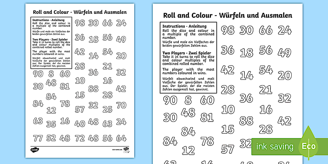 Multiplication Roll and Colour Activity English/German - Multiplication ...