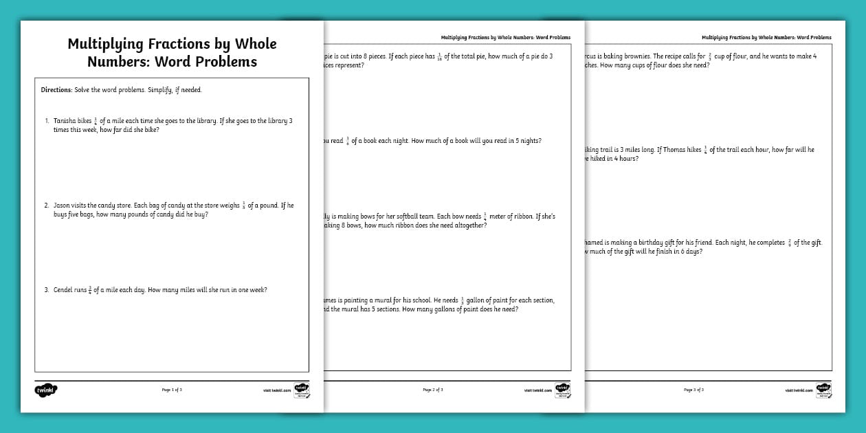 Fifth Grade Multiplying Fractions by Whole Numbers: Word Problems Practice