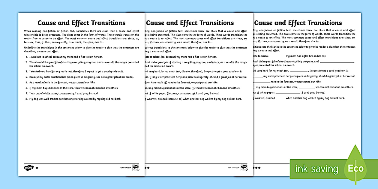 Cause and Effect Differentiated Transition Worksheet for 3rd-5th Grade