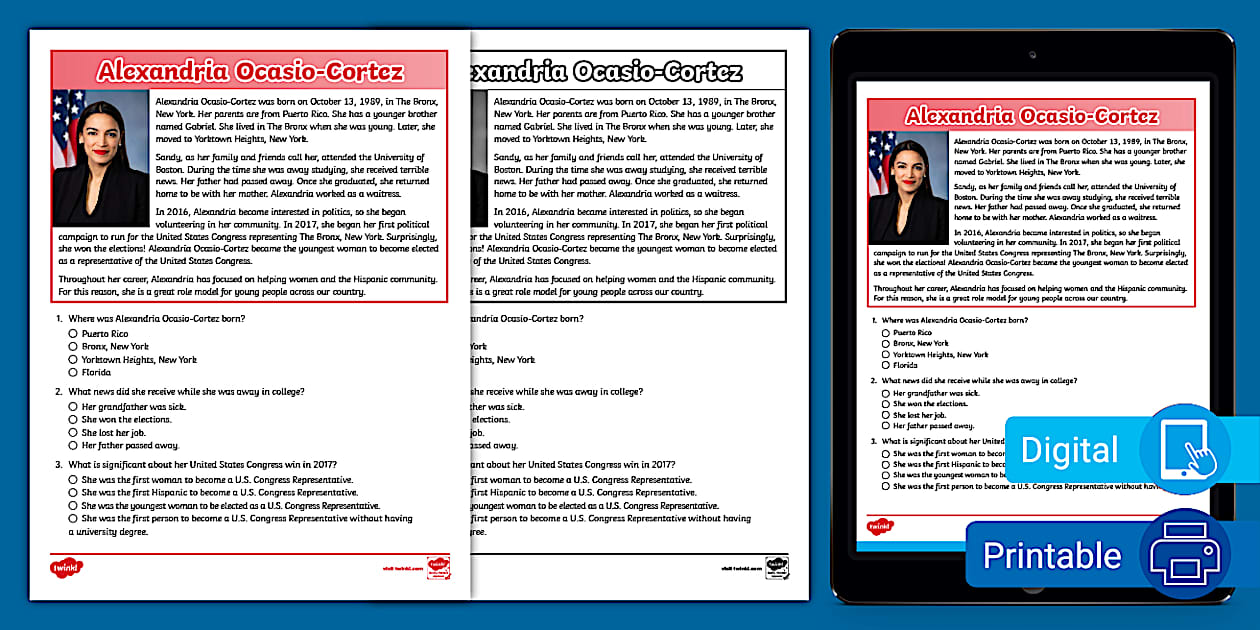 Fourth Grade Alexandria Ocasio-Cortez Reading Comprehension Passage