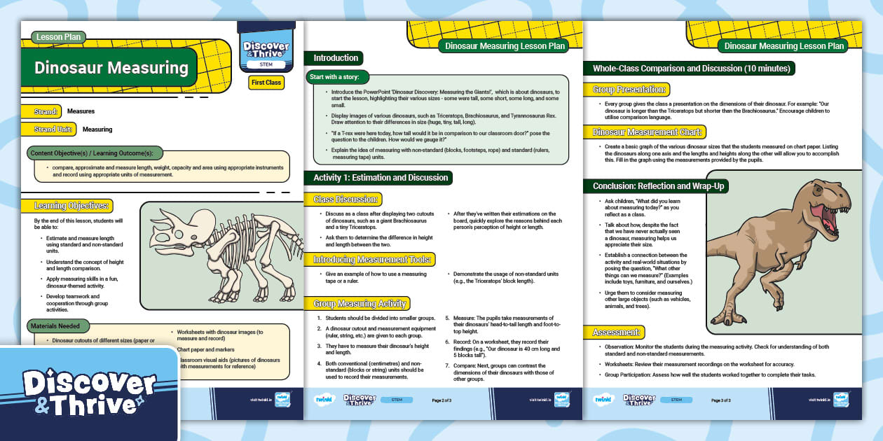 Dinosaur Measuring Lesson Plan/ First Class (Teacher-Made)
