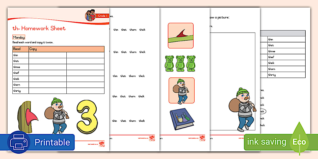 Grade 1 Phonics: th- Homework Sheet