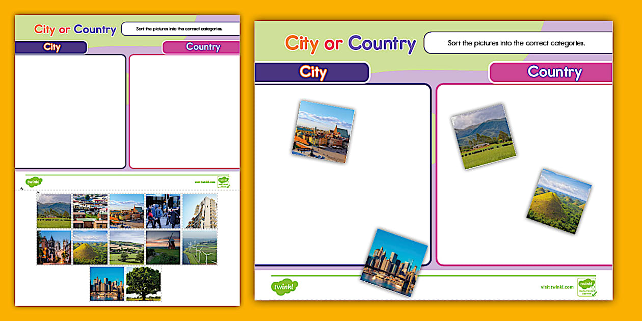 City or Country Sorting Worksheet for K-2nd Grade - Twinkl