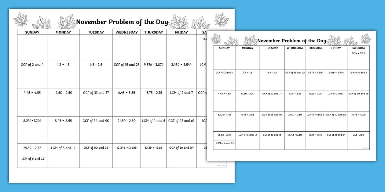 Sixth Grade 2025 Math Problem of the Day November Calendar