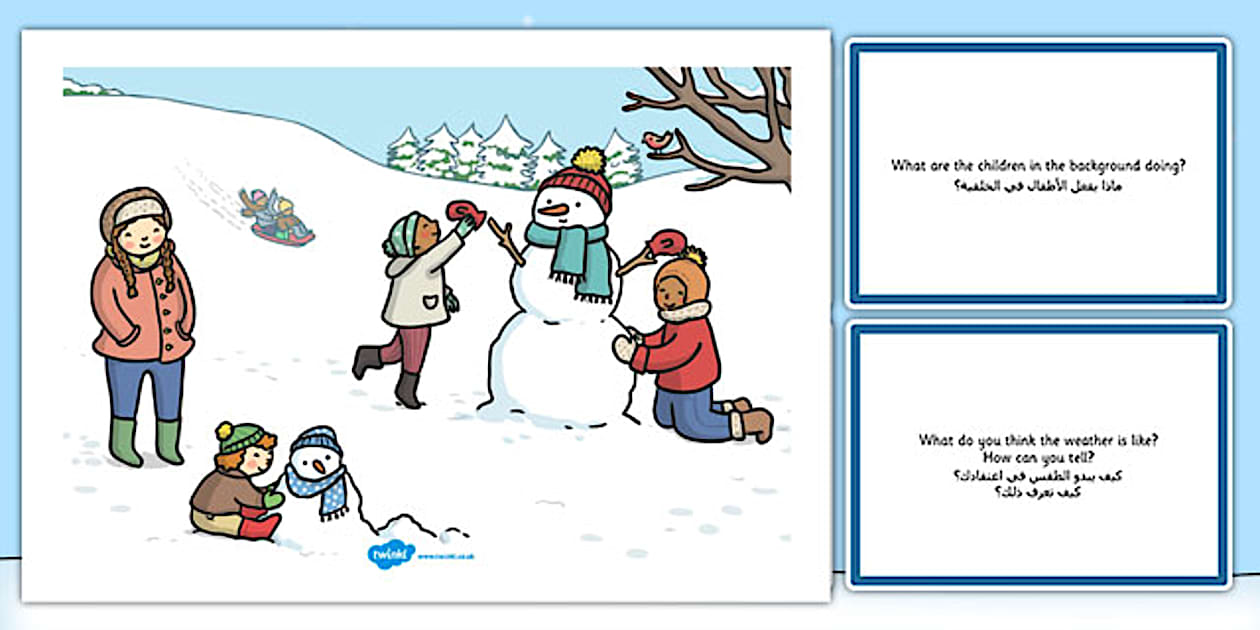Winter Snowman Scene and Question Cards Arabic Translation