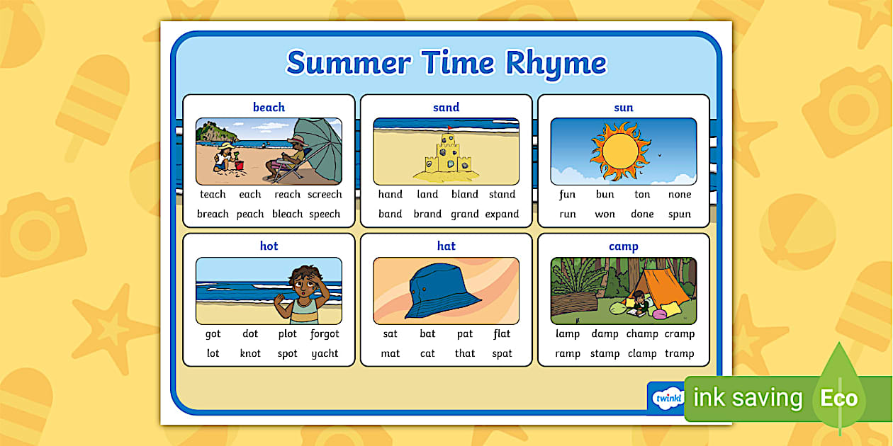 Find Words That Rhyme With Summer-Summer Time Rhyme Word Mat