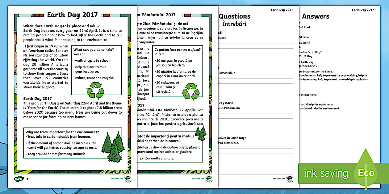 Earth Day Differentiated Reading Comprehension Activity English/Romanian