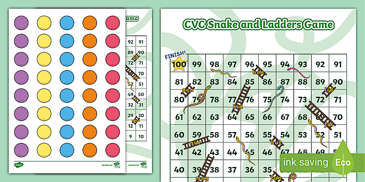 Snakes and Ladders CVC (1-100) - Twinkl
