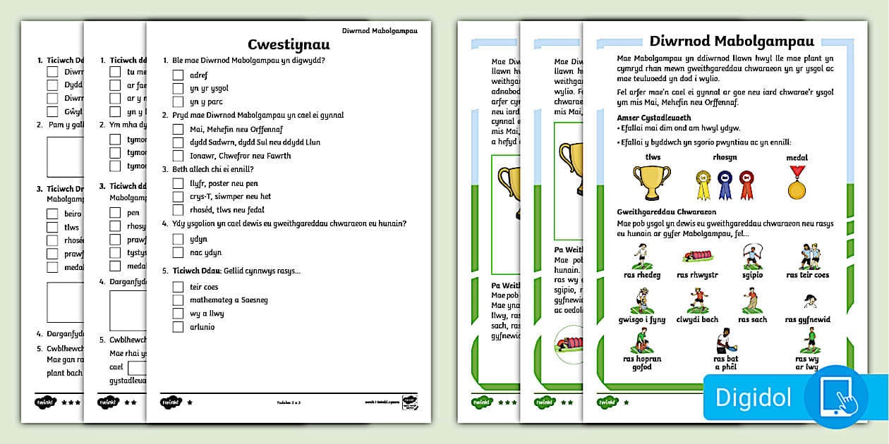 Taflenni Gwaith Diwrnod Mabolgampau - Darllen a Deall