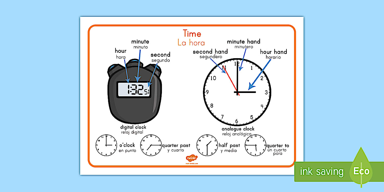 Time Vocabulary Word Mat English/Spanish - Time Vocabulary Word Mat