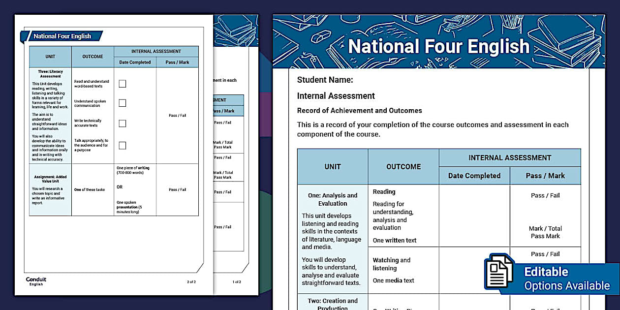 Editable National Four English Internal Assessment Tracker