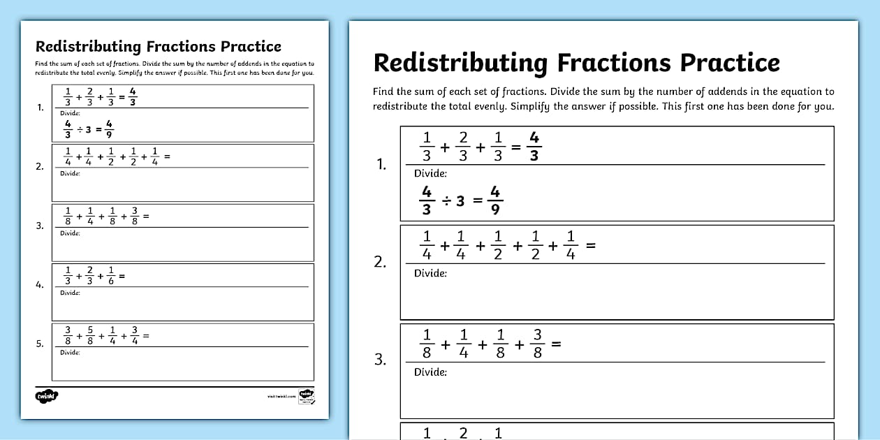 Redistributing Fractions | Practice Worksheet | Twinkl