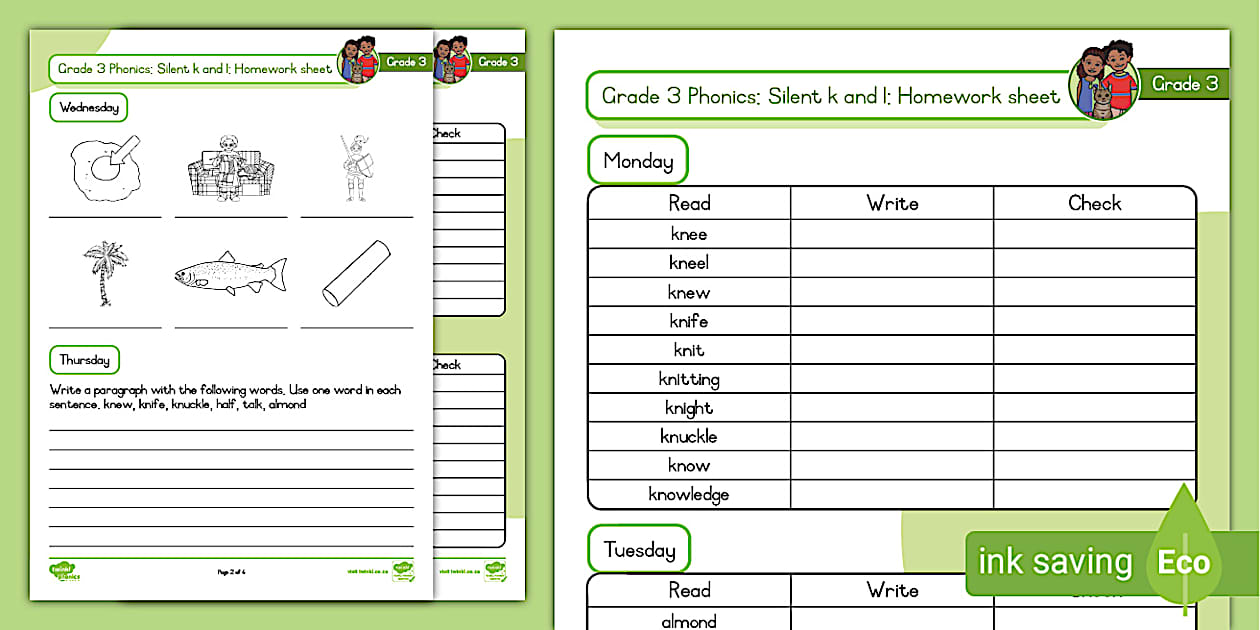 Grade 3 Phonics: Silent k and l: Homework Sheet - Twinkl