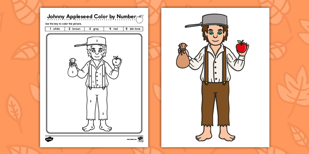 Johnny Appleseed Color by Number Worksheet - Twinkl