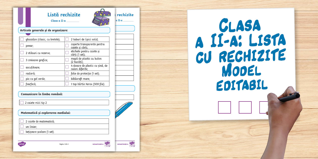 Clasa a II-a: Listă cu rechizite – Model editabil