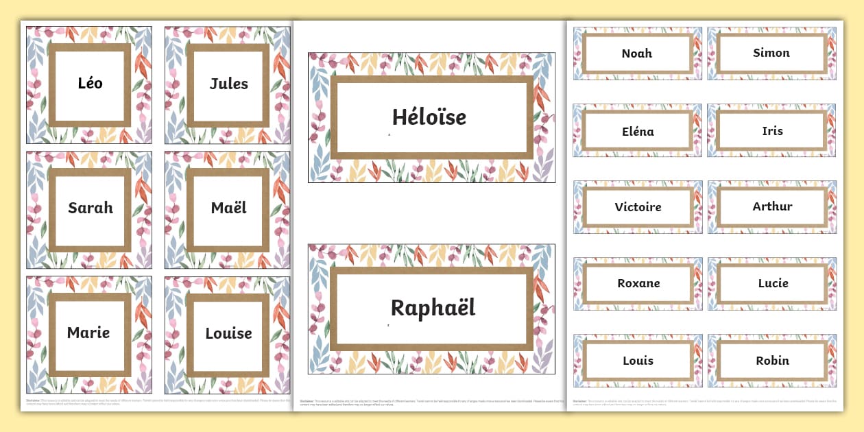 Étiquettes thème botanique avec prénoms personnalisables