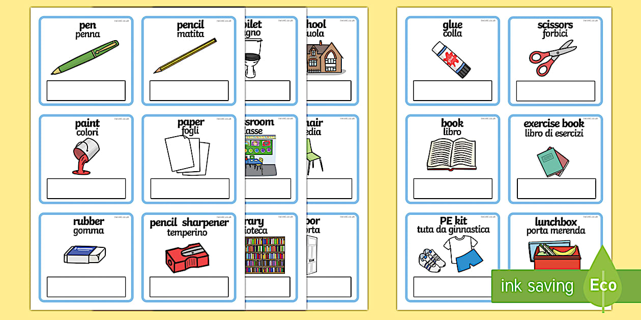 Italian Translated Everyday Objects at School Editable Cards