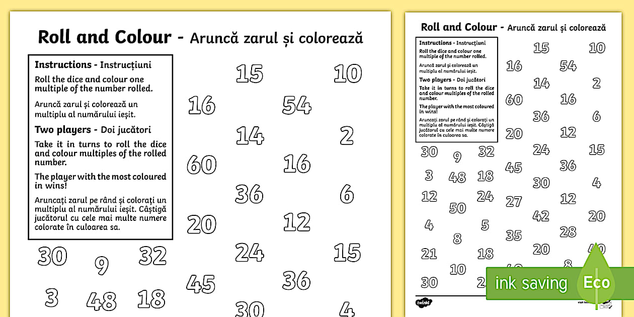 Multiplication Roll and Color Worksheet / Worksheet English/Romanian