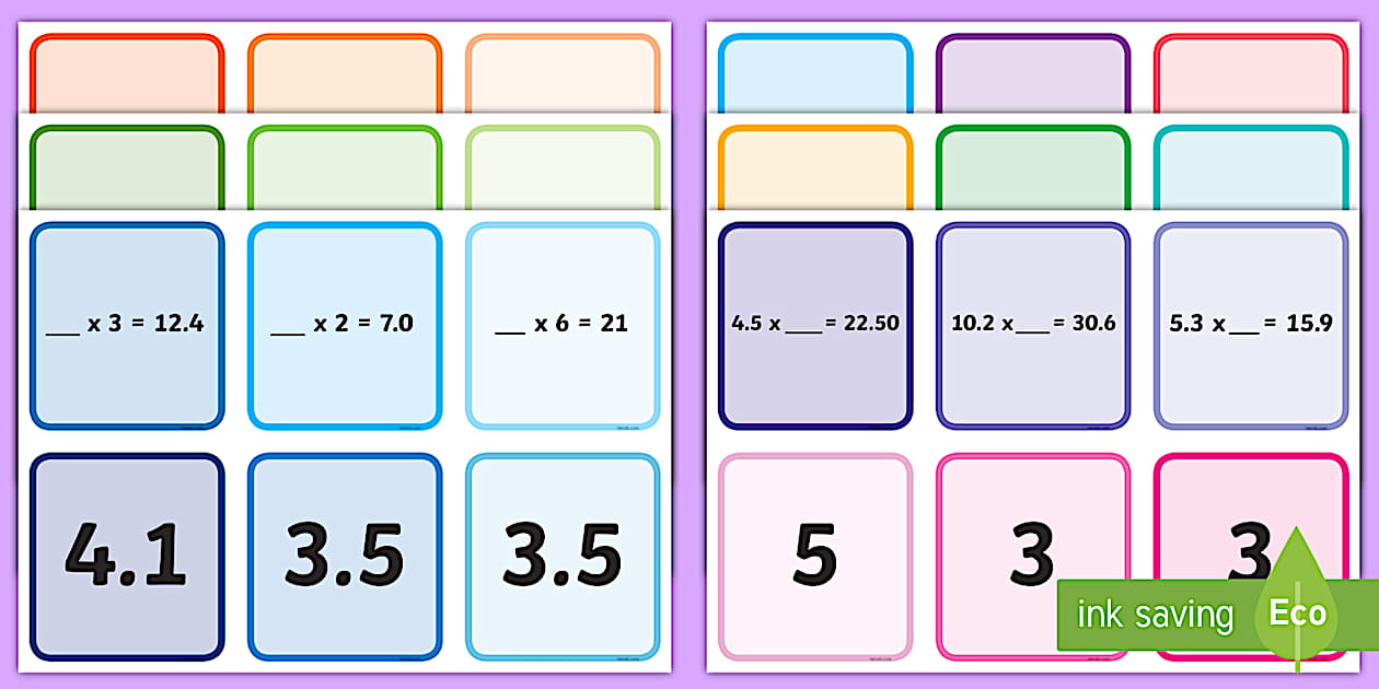Multiplying Decimals Missing Number Matching Cards AC9M6N06