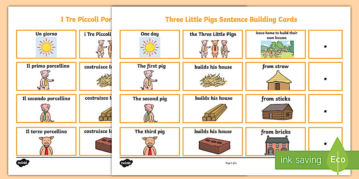 The Three Little Pigs Sentence Building Cards English/Italian - The Three