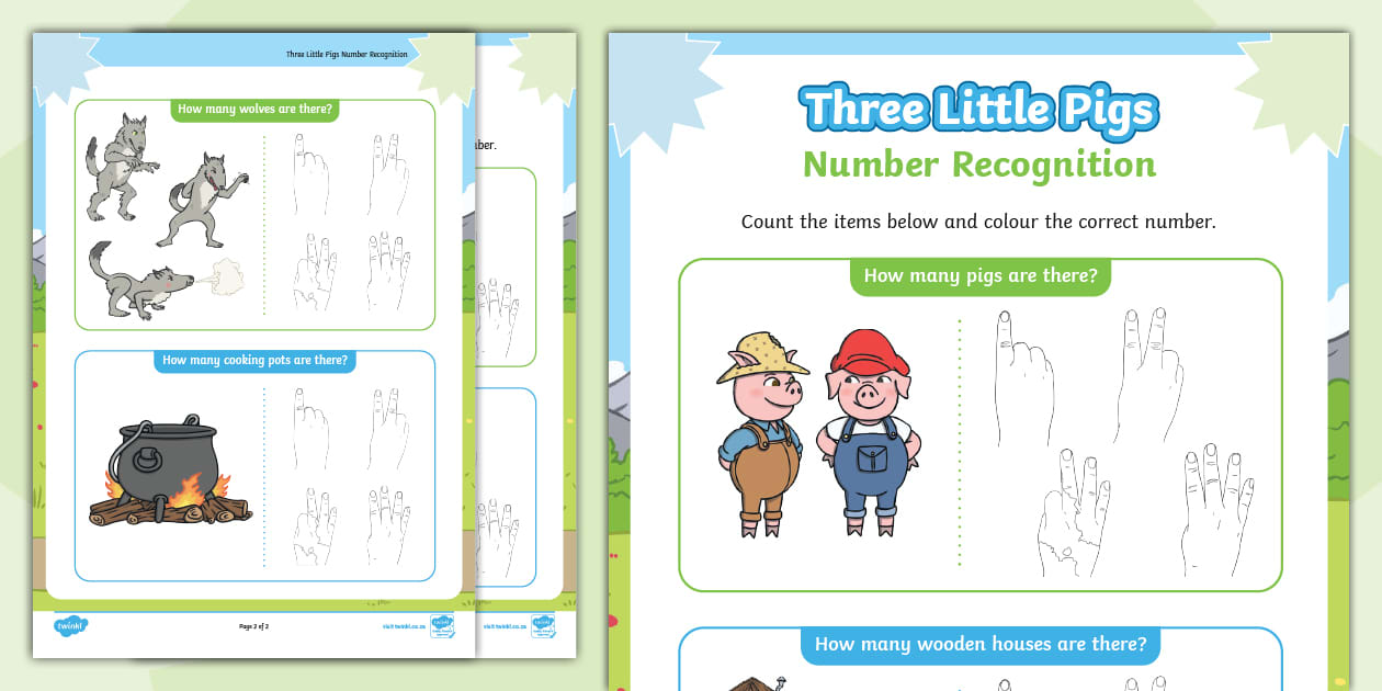 Three Little Pigs Number Recognition Worksheet - Twinkl