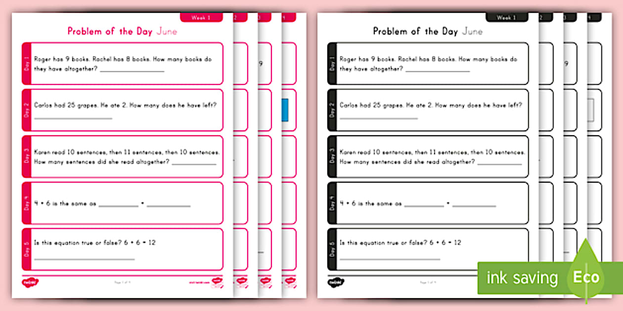 First Grade Math Problem of the Day - June Worksheet
