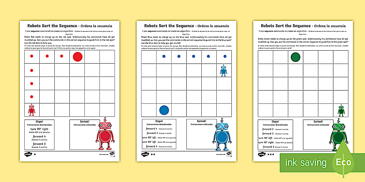 Robots Sort the Sequence Worksheets English/Spanish - Twinkl