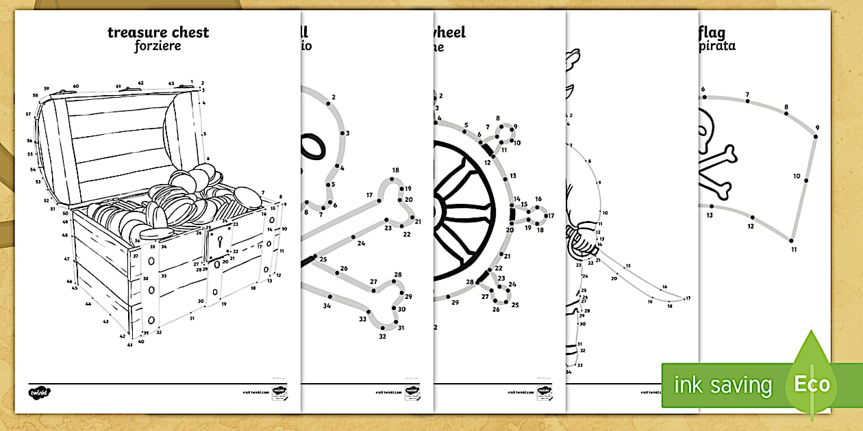 Pirates Dot to Dot Worksheets - Italian / English - Dot to dot Sheets