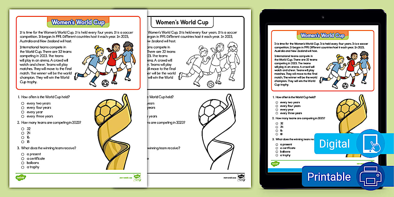 Women's World Cup Reading Passage Comprehension Activity