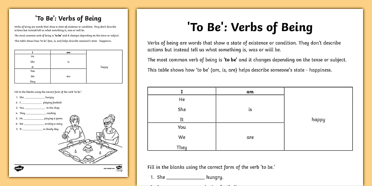 'To Be': Verbs of Being Worksheet (teacher made) - Twinkl