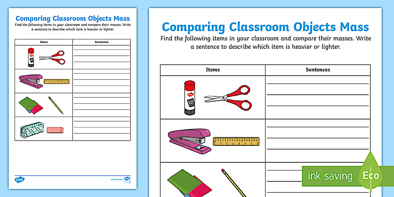 QLD Comparing Classroom Objects Mass Worksheet - Twinkl