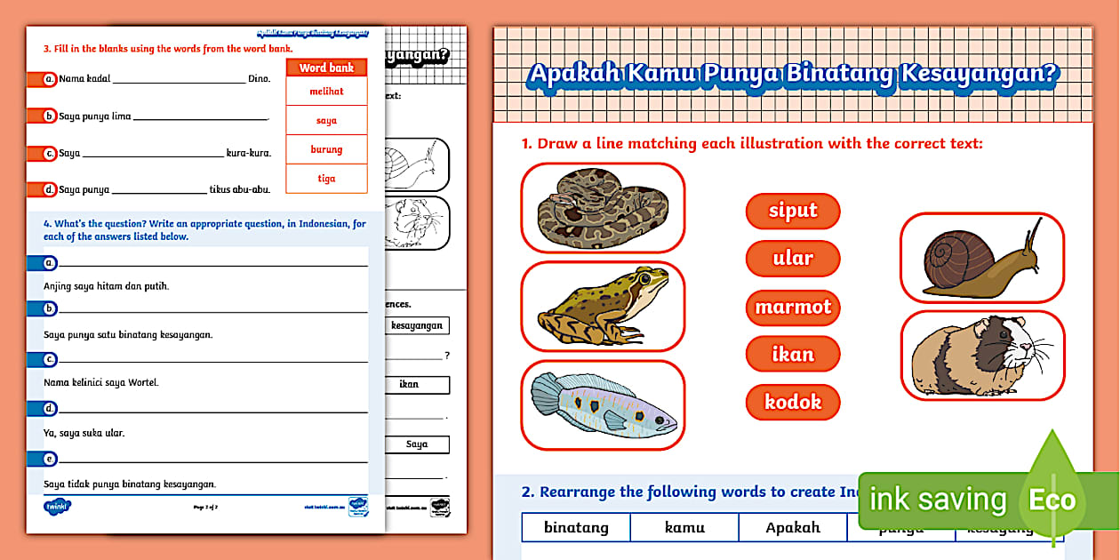 Pet Animals Activity Sheet - Indonesian (teacher made)