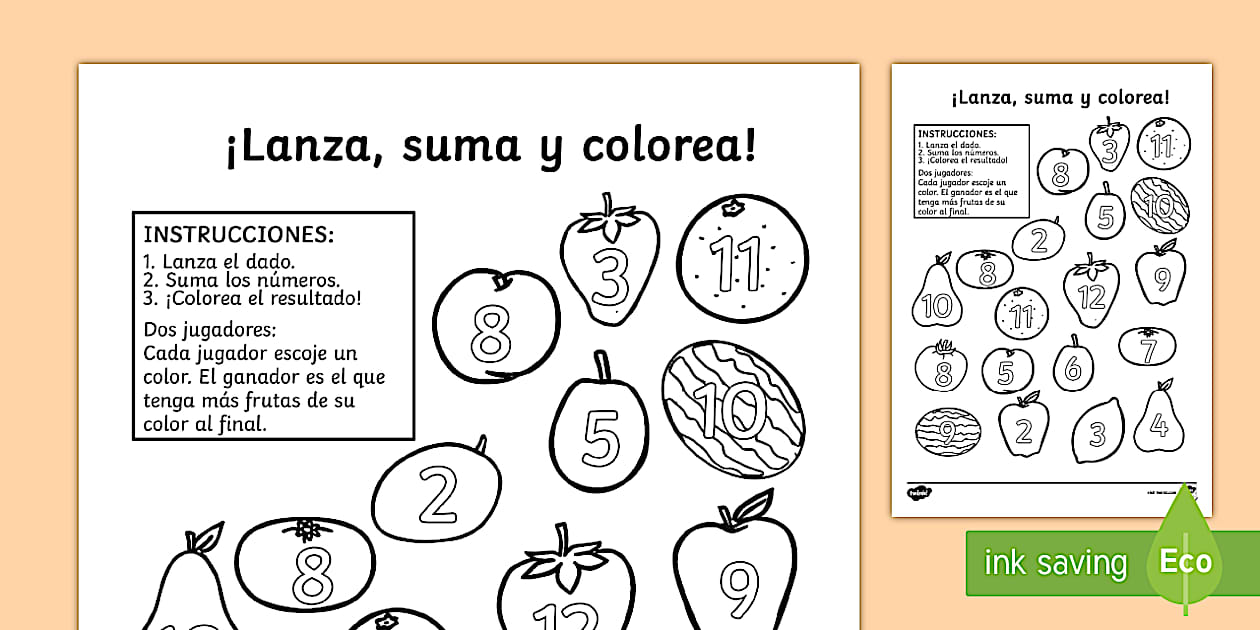 Ficha para contar y sumar: Lanza el dado, suma y colorea - frutas