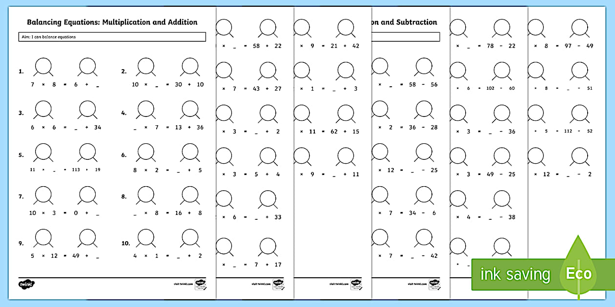 Editable KS2 Balancing Equations Worksheets (teacher made)