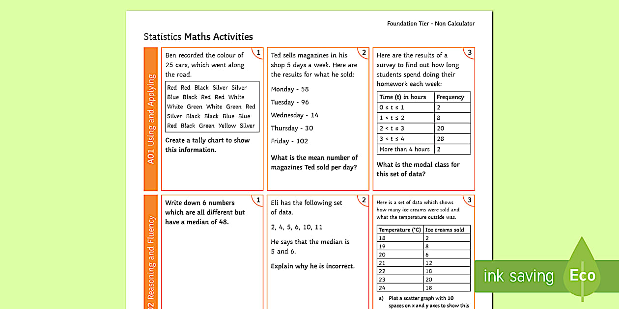 Foundation: Statistics (Non-Calculator) Revision Activity Mat - Using and