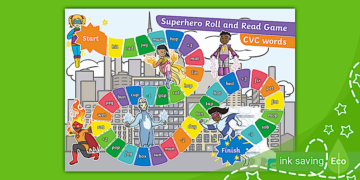 Superhero Roll and Read Game - CVC Words (teacher made)