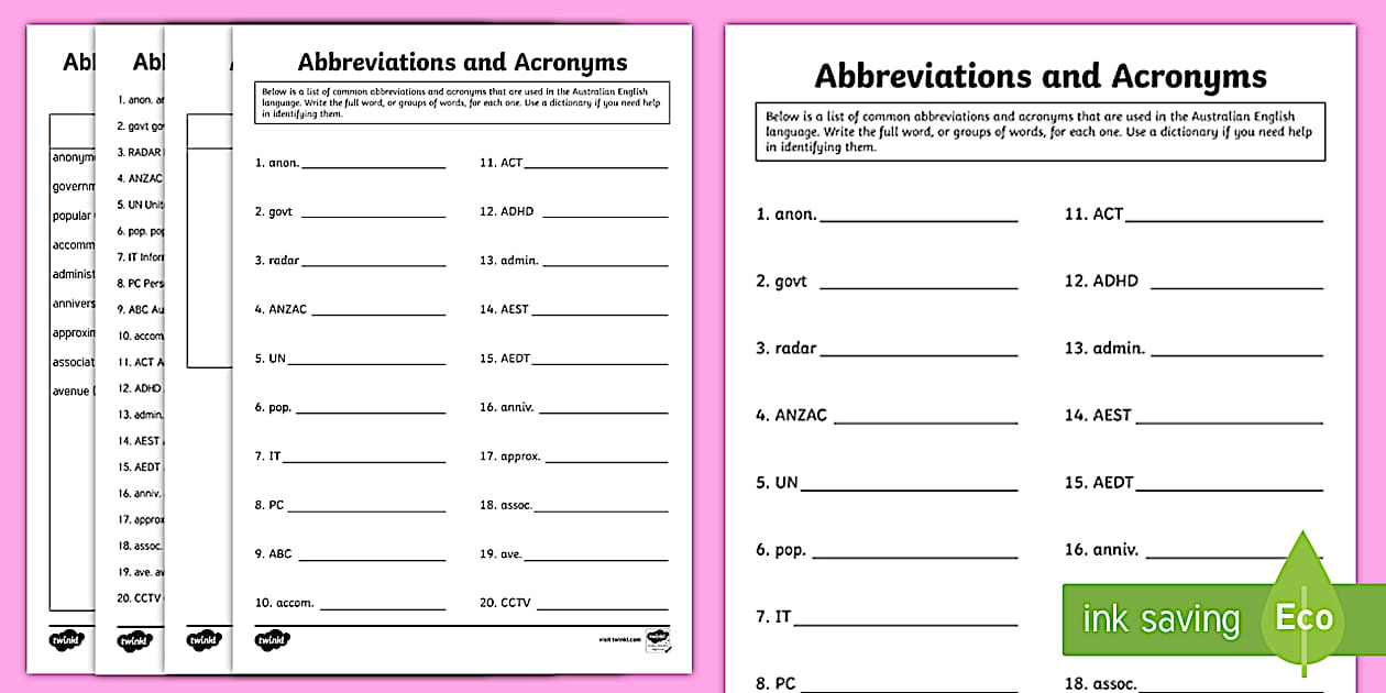 Abbreviations and Acronyms Set 1 Worksheet / Worksheet