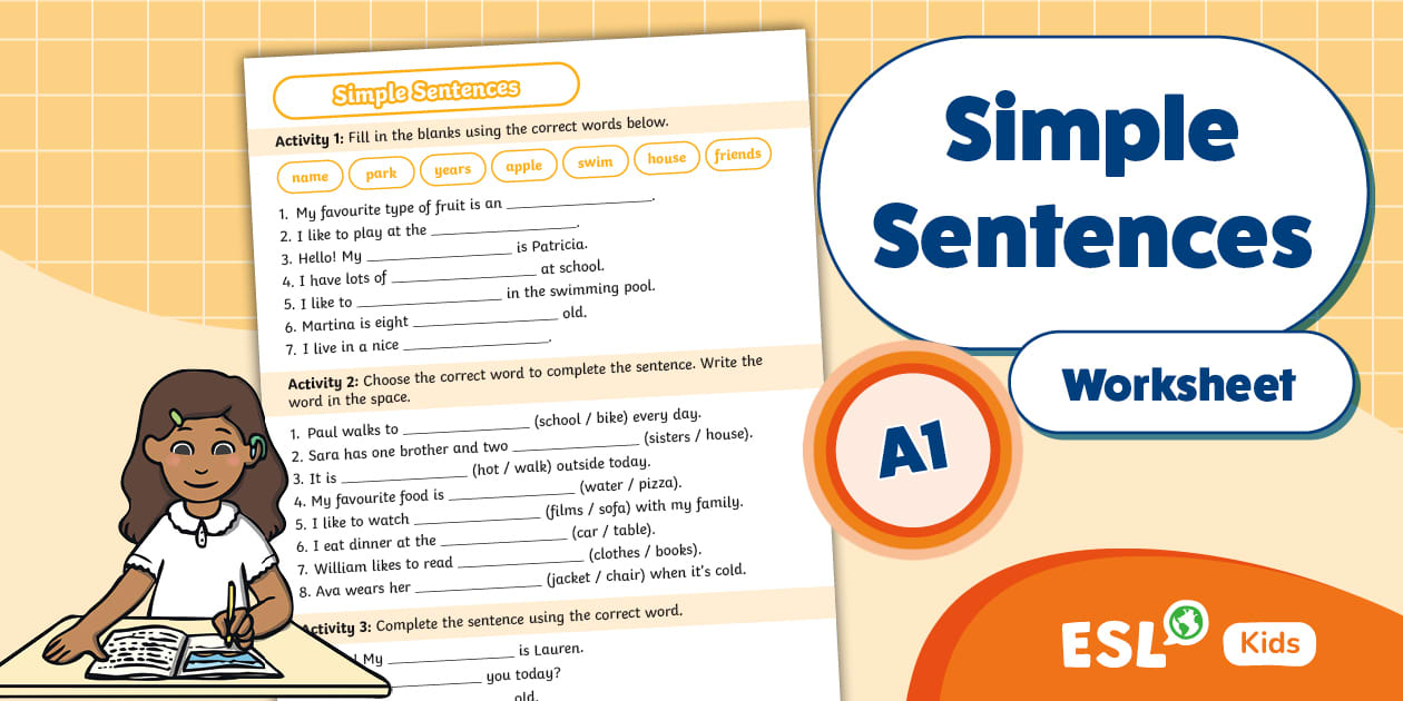 ESL Simple Sentence {Activity} Sheet for Kids